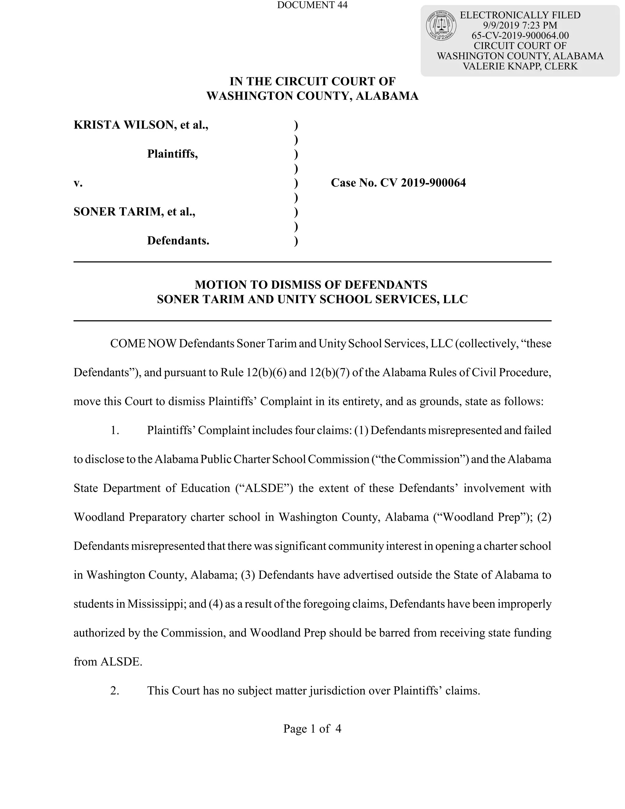 Soner Tarim Unity School Services motion to dismiss vs. Washington ...
