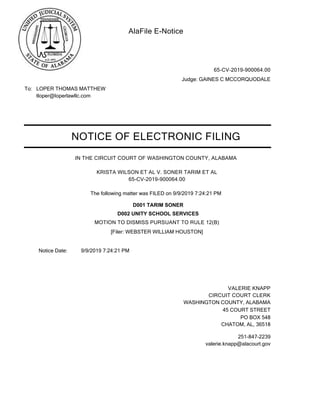 Soner Tarim Unity School Services motion to dismiss vs. Washington ...