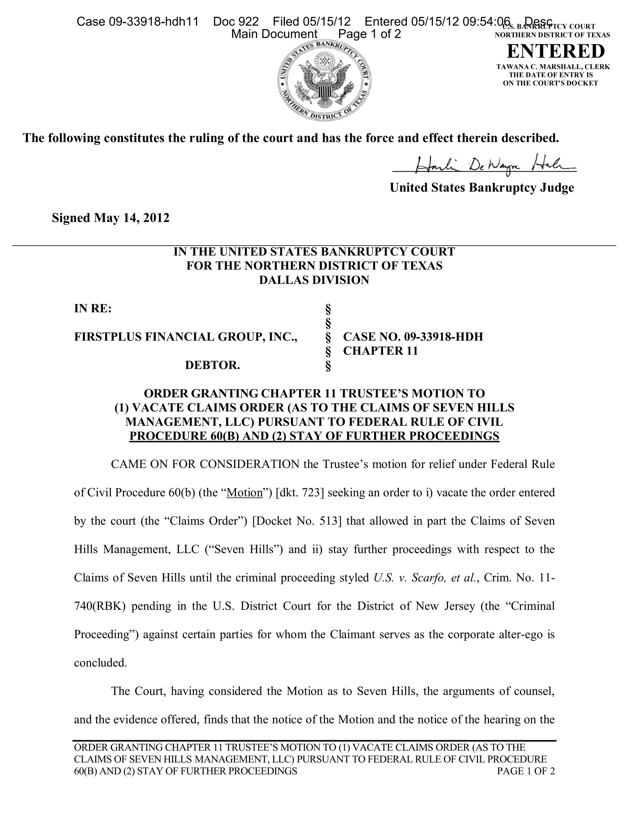 Doc922 order granting motion doc 723 to vacate claims & stay further ...