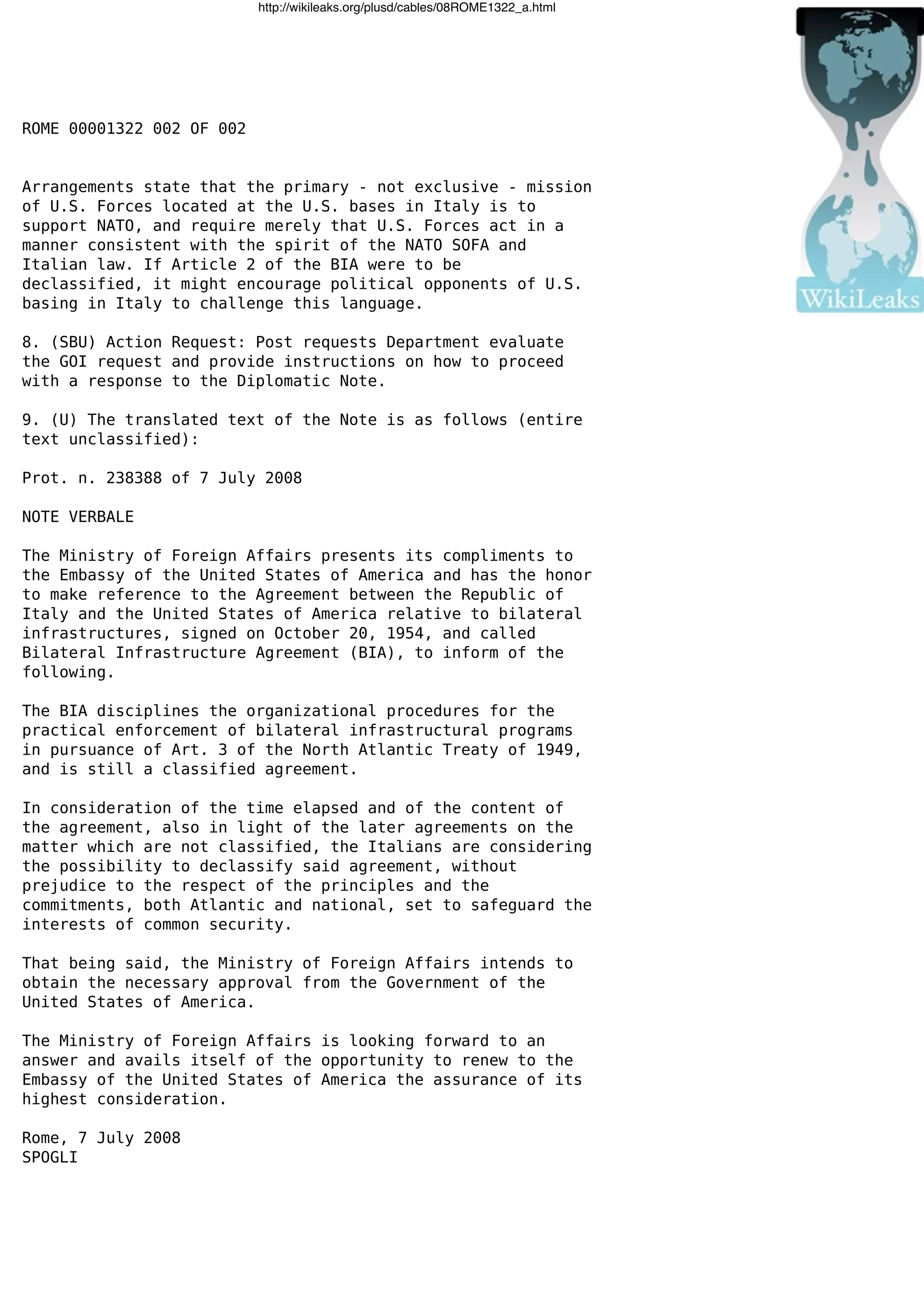 Italian request to declassified Bilateral Infrastructure Agreement ...