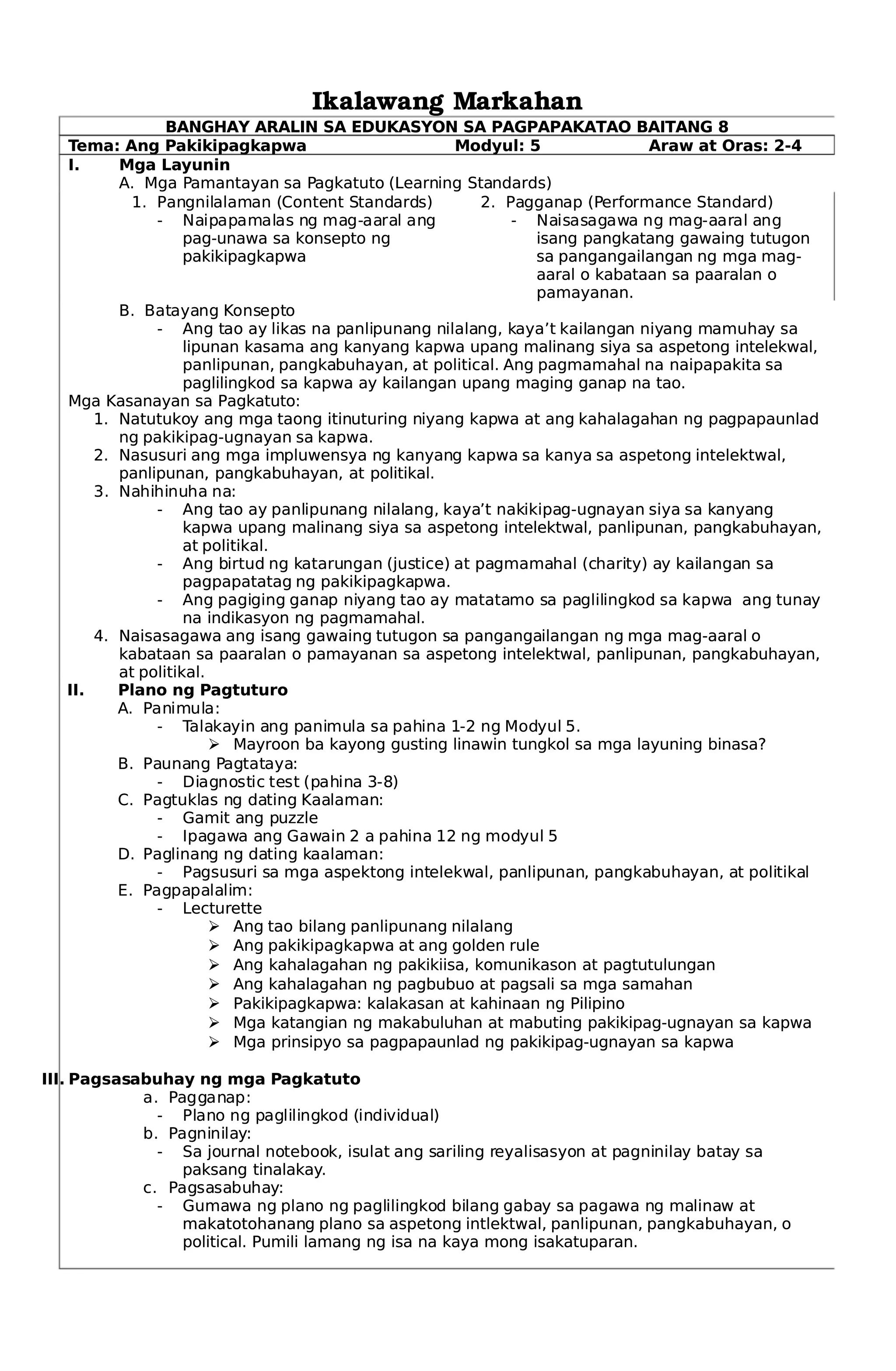banghay aralin-sa-edukasyon-sa-pagpapakatao-gr-9-copypdf | PDF