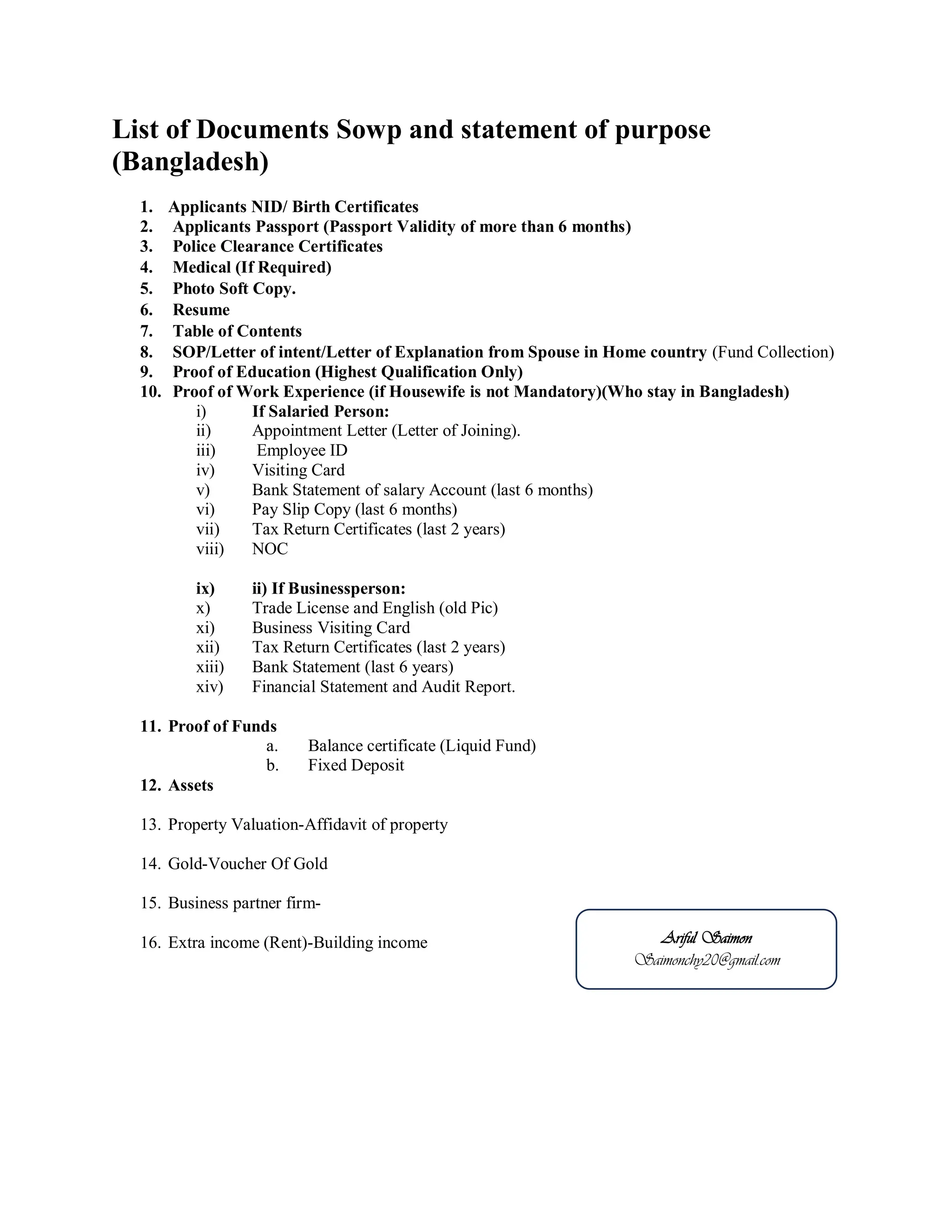 Doc list of SOWP Visa IN CANADA,For Bangladesh | PDF