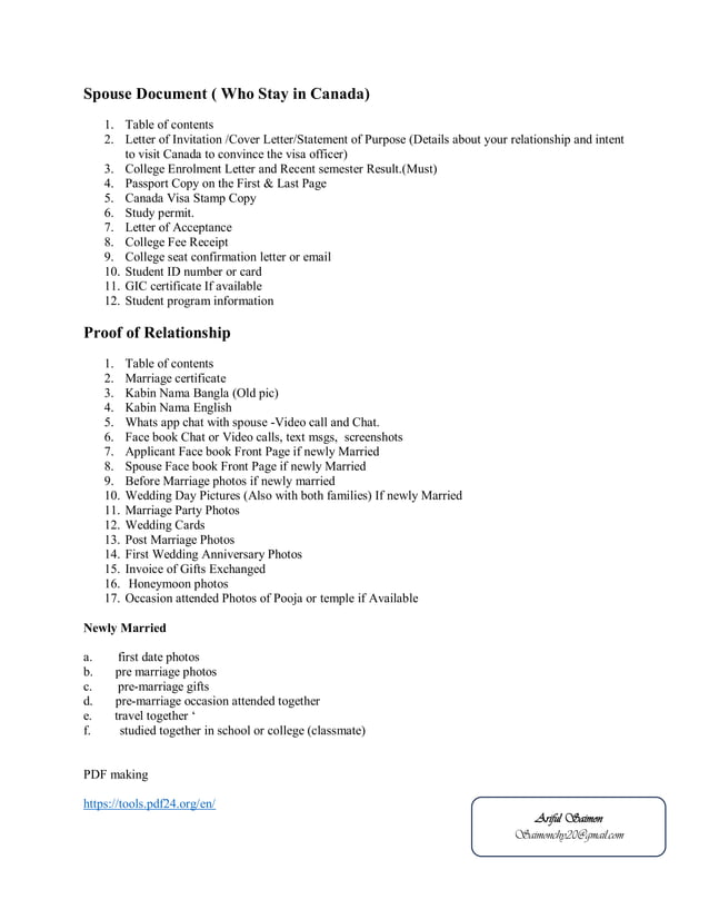 Doc list of SOWP Visa IN CANADA,For Bangladesh | PDF