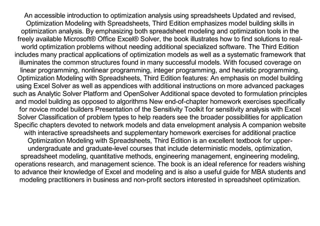 [PDF] Optimization Modeling with Spreadsheets | PPT