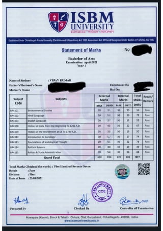 Isbm university marksheet by given isbm university | PDF
