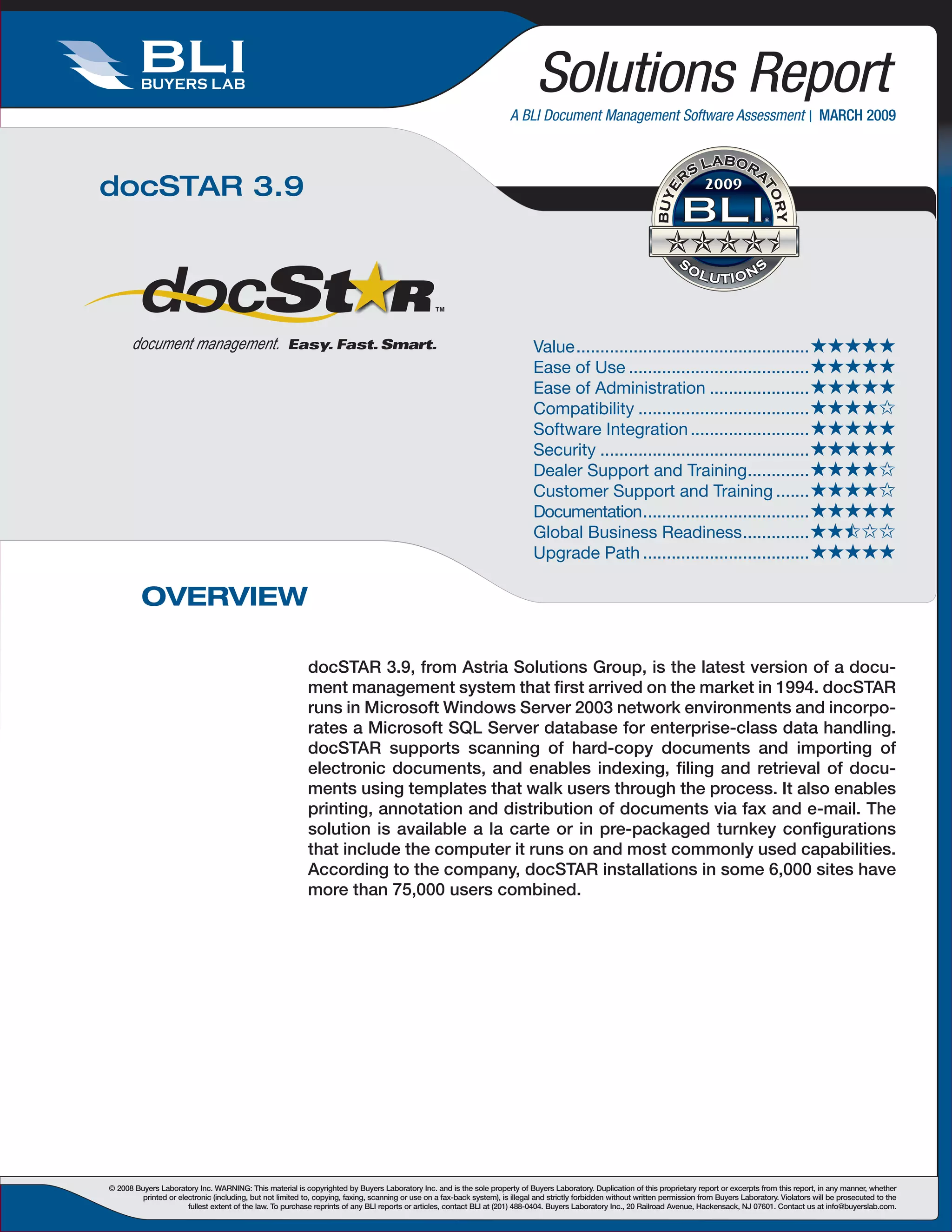 Buyers Lab 2009 Report - docSTAR3.9 | PDF