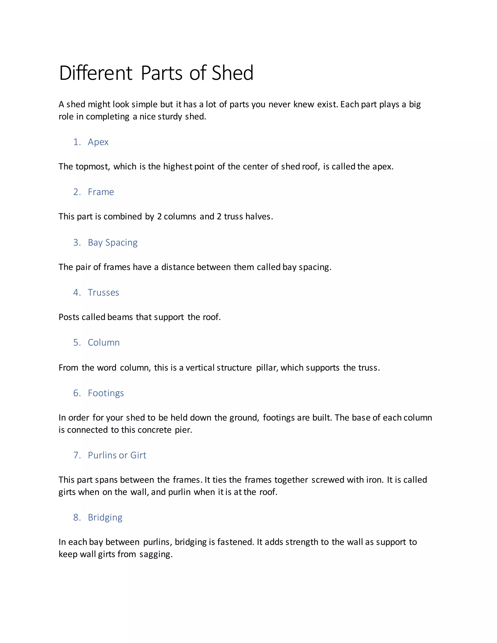 Different Parts of Shed | DOCX | Civil Engineering Industry | Industries