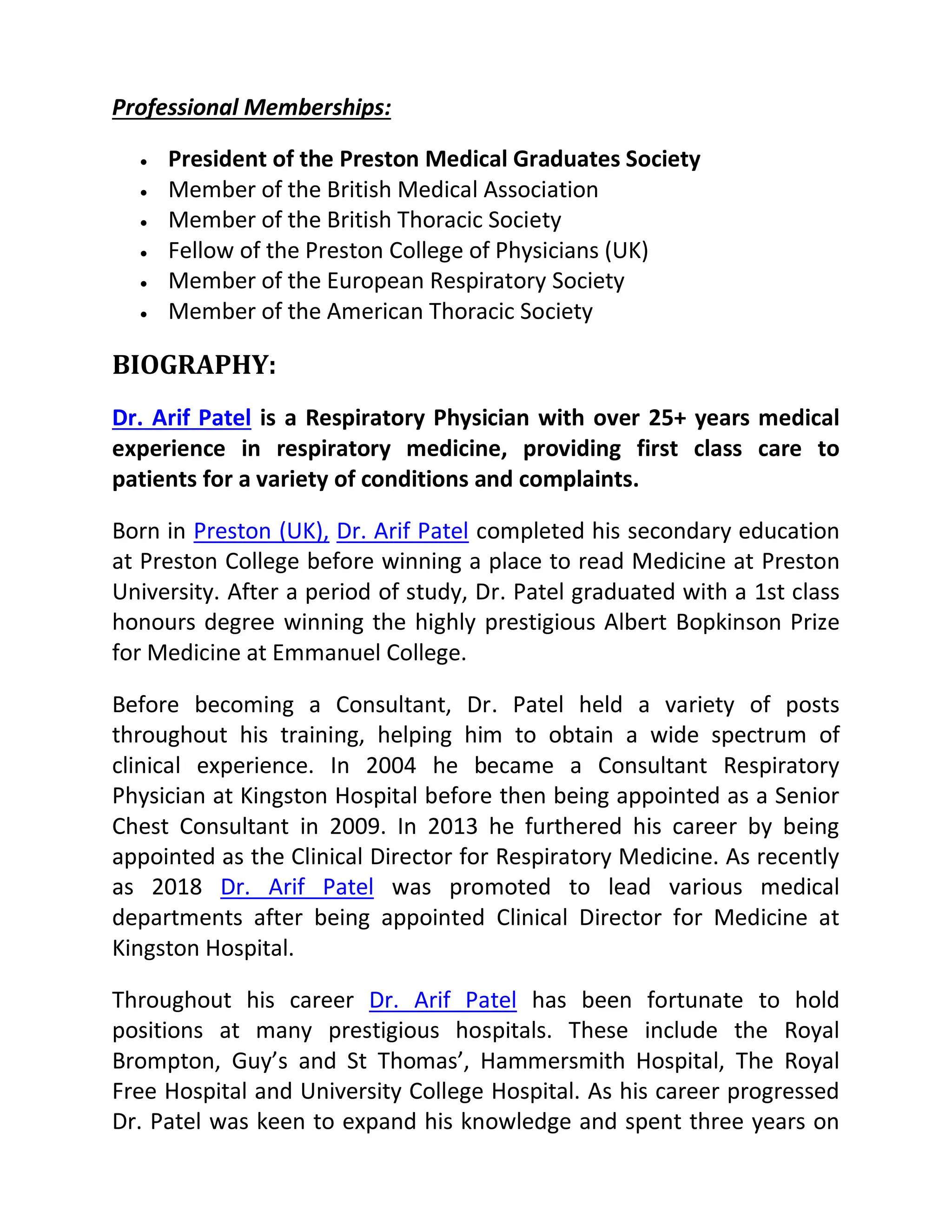 Biography of Doctor Arif Patel Preston UK | PDF
