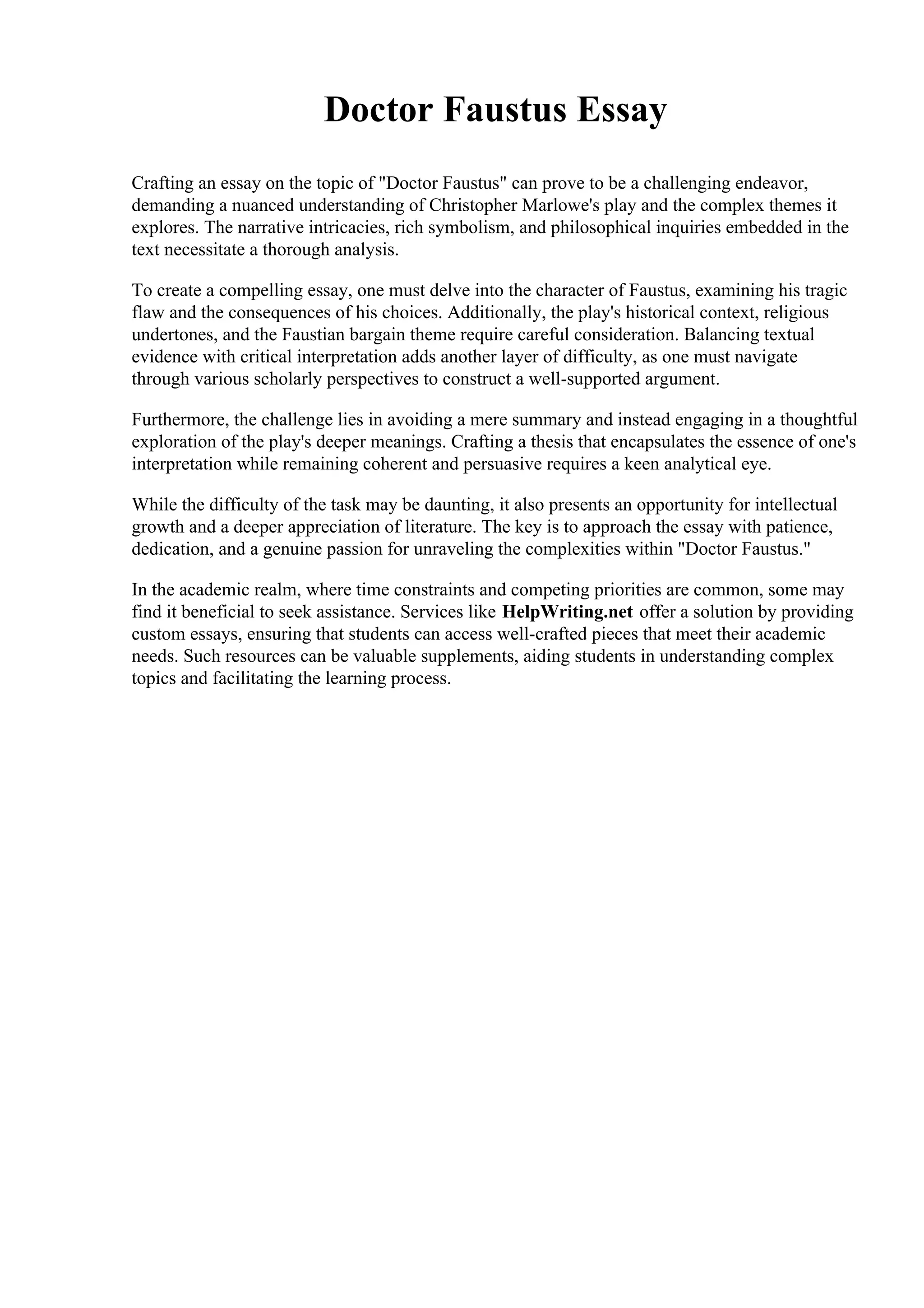 Doctor Faustus Essay. Mt. Hood Community College | PDF