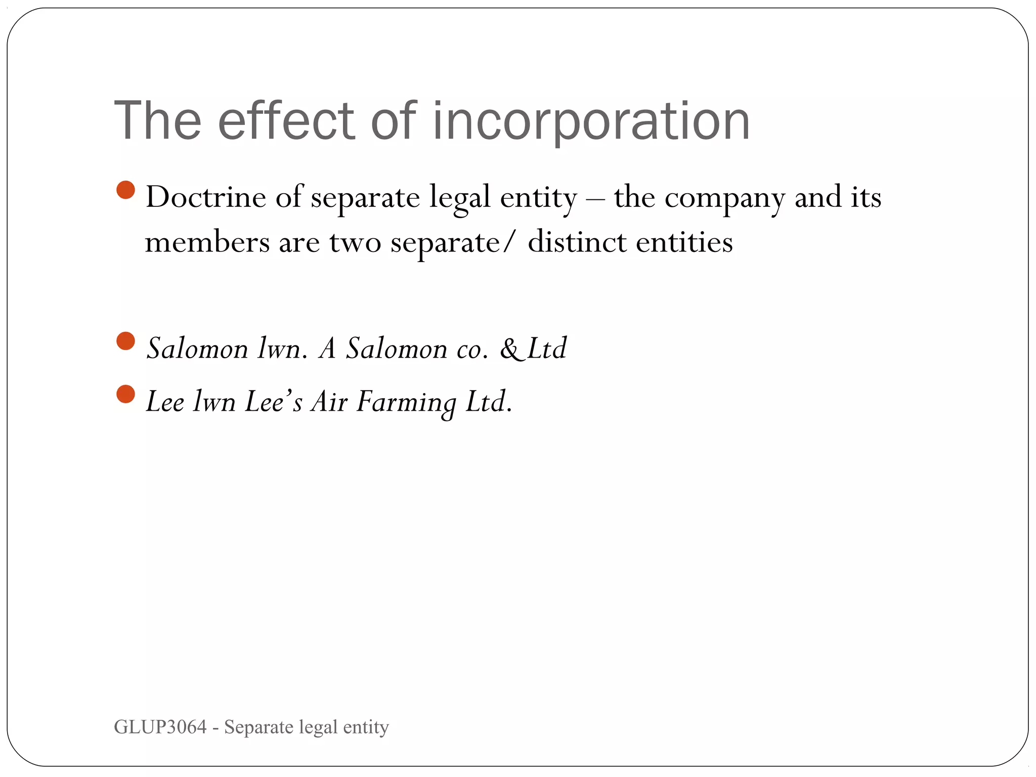 Doctrine of separate_legal_entity company law | PPT