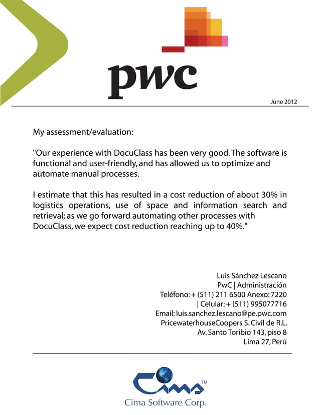 Docu class testimonial-pwc-peru-2013 | PDF