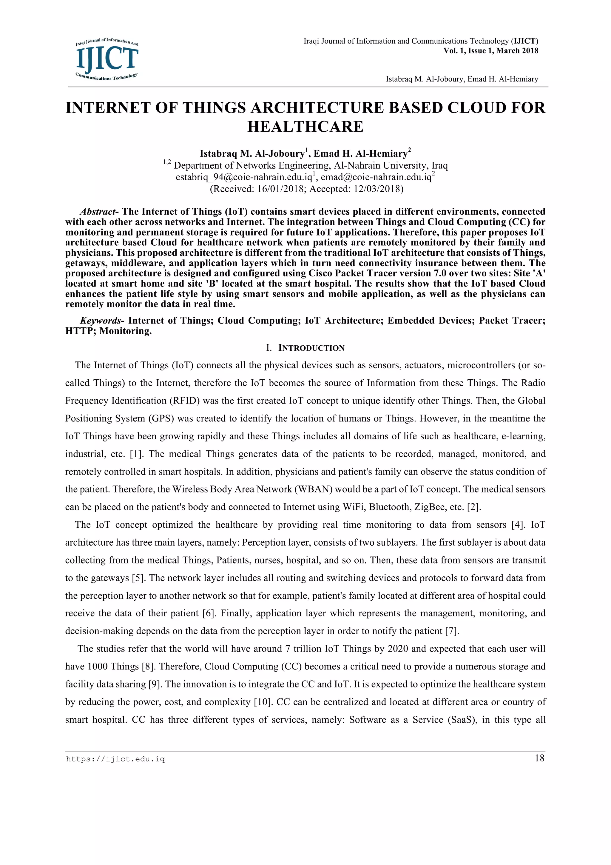 Internet of Things Architecture Based Cloud for Healthcare | PDF