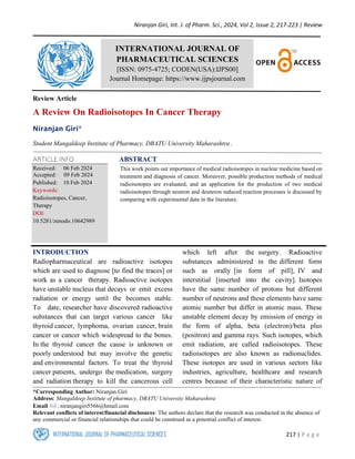 Review Article:- A REVIEW ON RADIOISOTOPES IN CANCER THERAPY | PDF