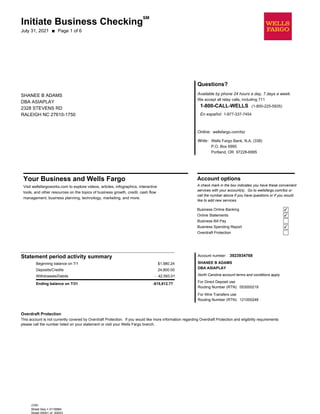 Sample Checking Account Statement