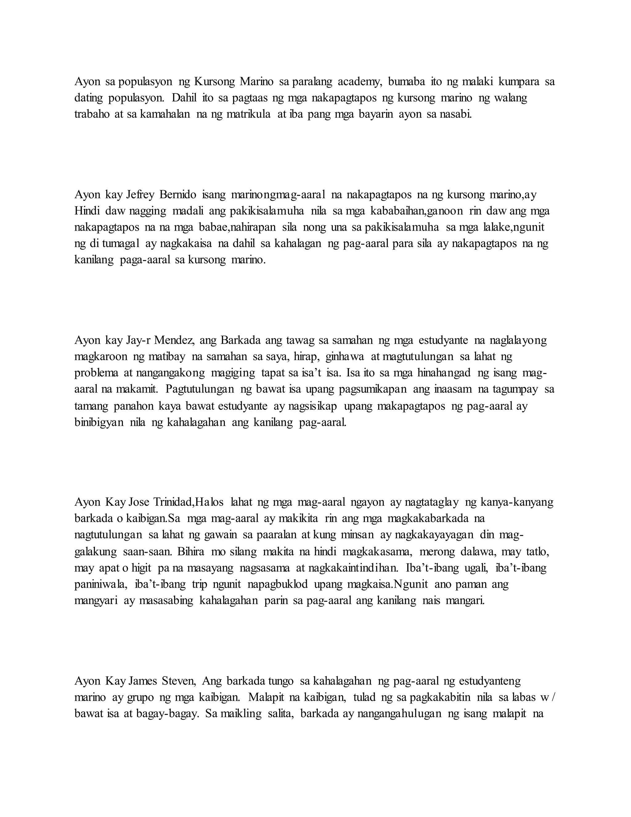 "ANG BARKADA TUNGO SA KAHALAGAHAN SA PAG-AARAL NG ESTUDYANTENG MARINO" | DOCX