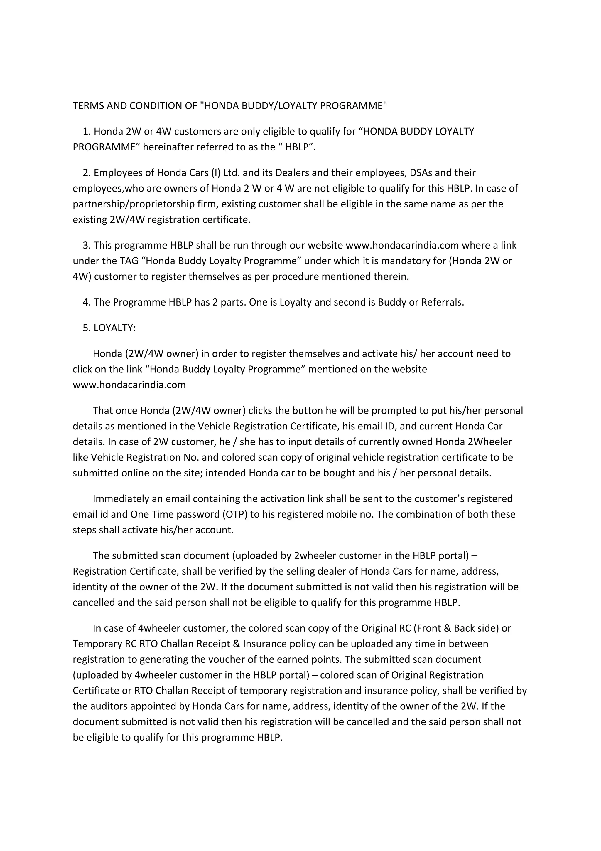 Honda Buddy Loyalty Program - Terms and Conditions | PDF