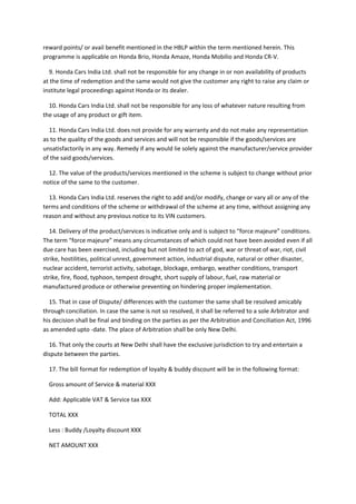 Honda Buddy Loyalty Program - Terms and Conditions | PDF