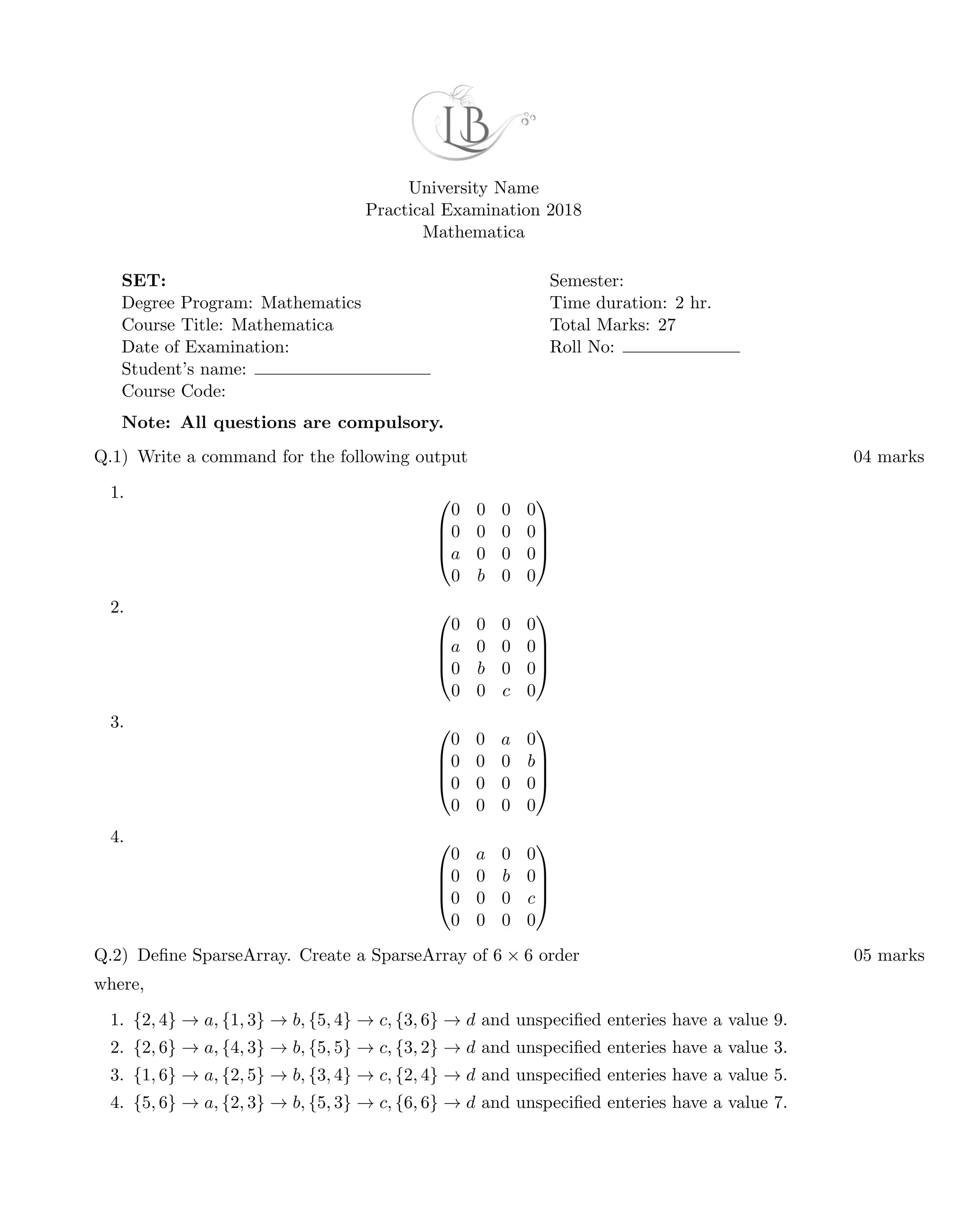 Mathematica model test paper | PDF