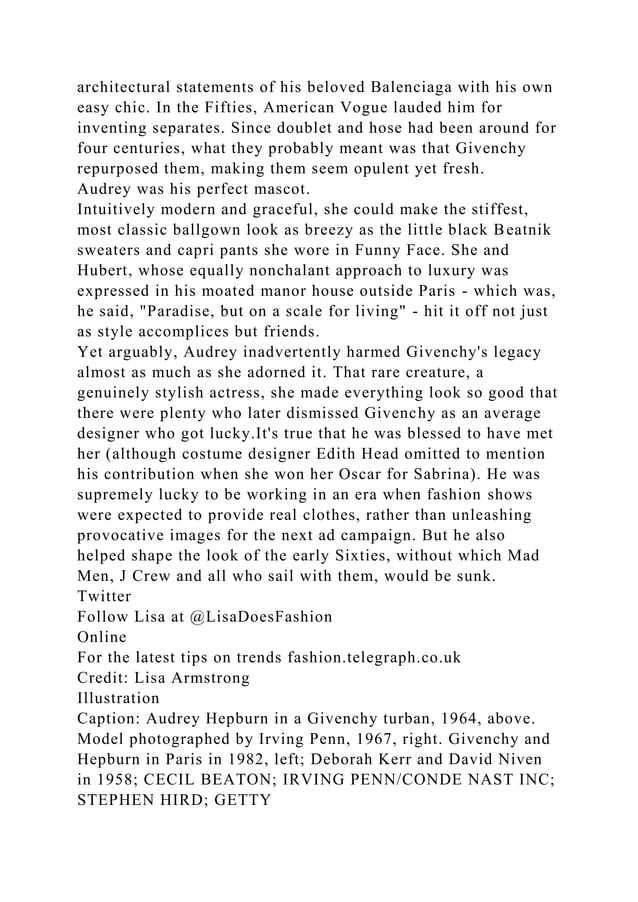 Document 1 of 1Hubert de Givenchy the man who shaped the Sixtie.docx