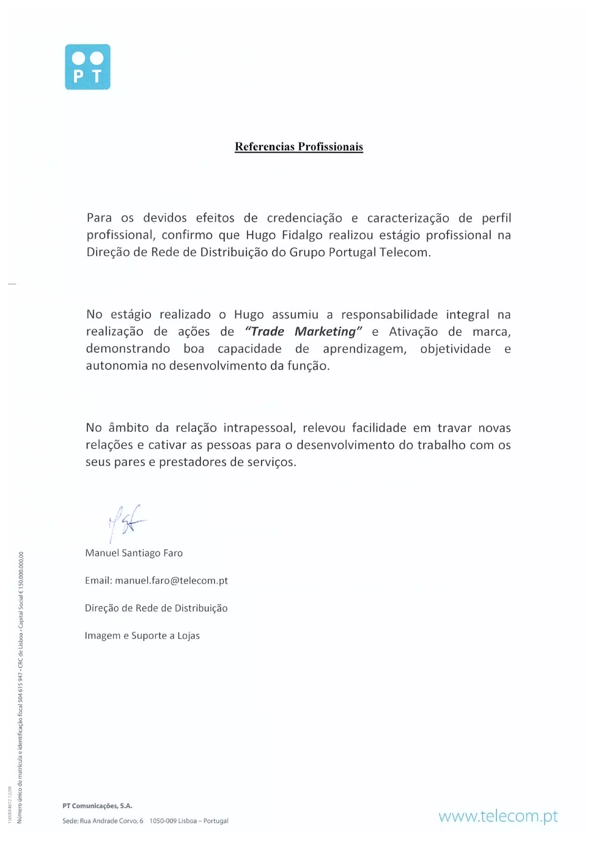 Reference Letter from Dr. Manuel Faro (Comercial Department Manager at ...