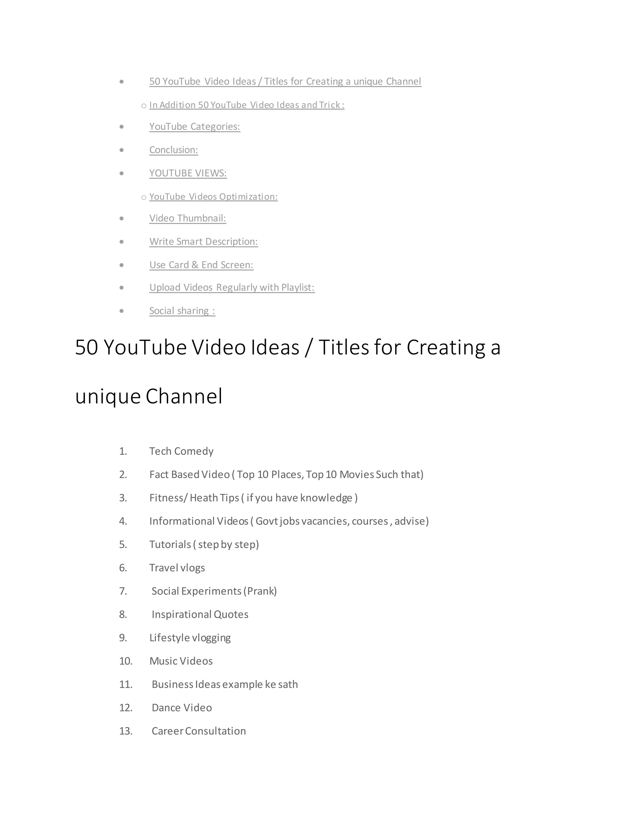 50 YouTube Video Ideas and tricks free | PDF