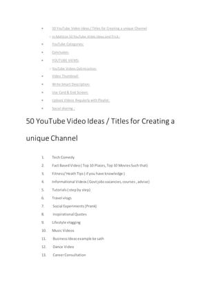 50 YouTube Video Ideas and tricks free | DOCX