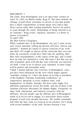 DOCUMENT 2 The Letter from Birmingham Jail is an open letter writt | DOCX