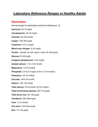 Laboratory Reference Ranges in healthy Adults | PDF