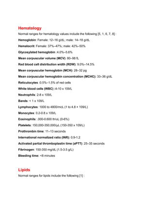 Laboratory Reference Ranges in healthy Adults | PDF