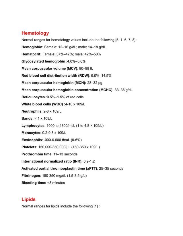 Laboratory Reference Ranges in healthy Adults | PDF