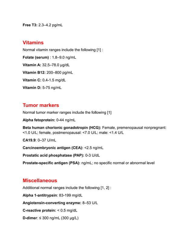 Laboratory Reference Ranges in healthy Adults | PDF