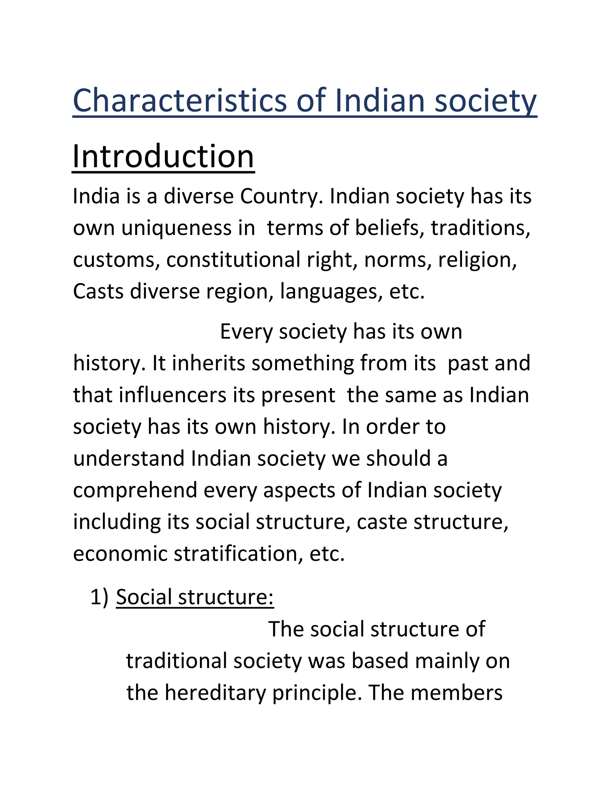 Characteristics of Indian Society | PDF