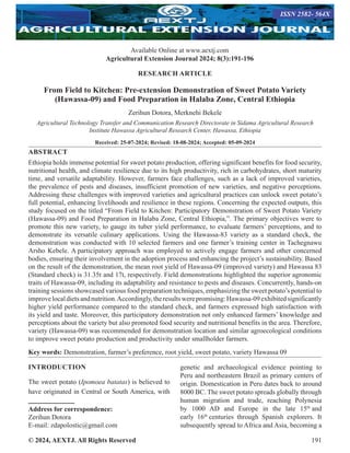 From Field to Kitchen: Pre-extension Demonstration of Sweet Potato Variety (Hawassa-09) and Food ...