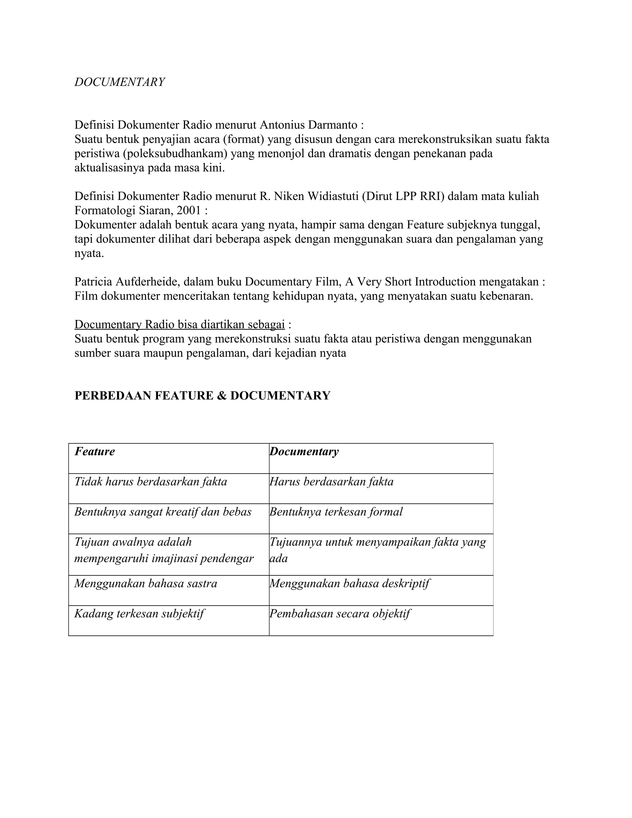 PENULISAN NASKAH BERITA RADIO FEATURE & DOKUMENTER - Documentary | PDF