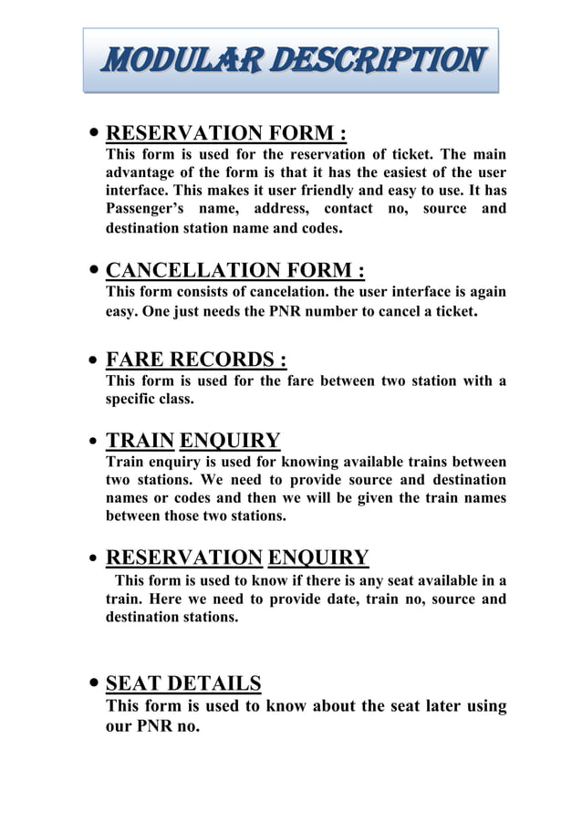 Documentation of railway reservation system | DOCX | Rail Travel | Travel Type