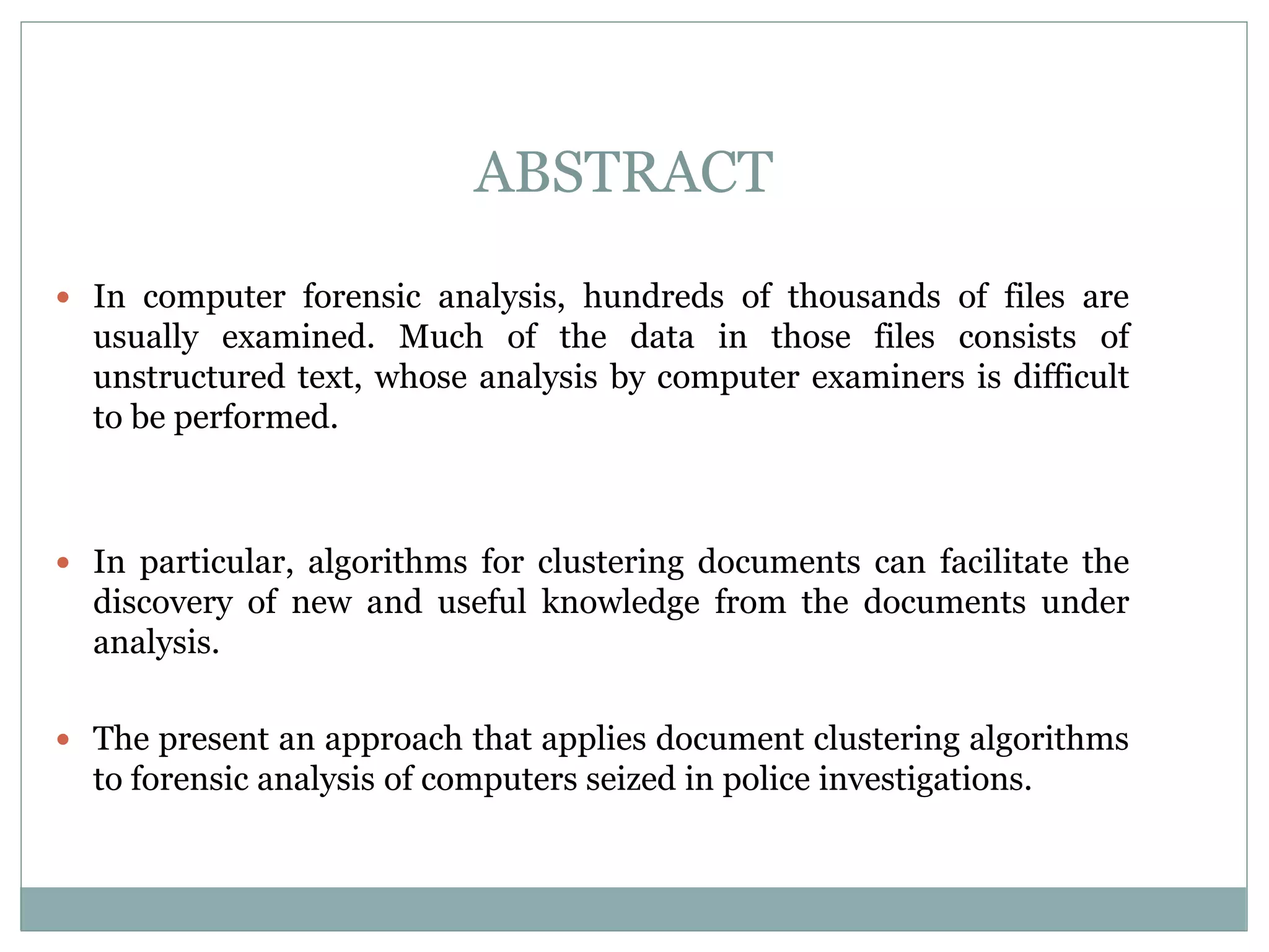 Document Clustering For Forensic Analysis Pptx Databases Computer Software And Applications