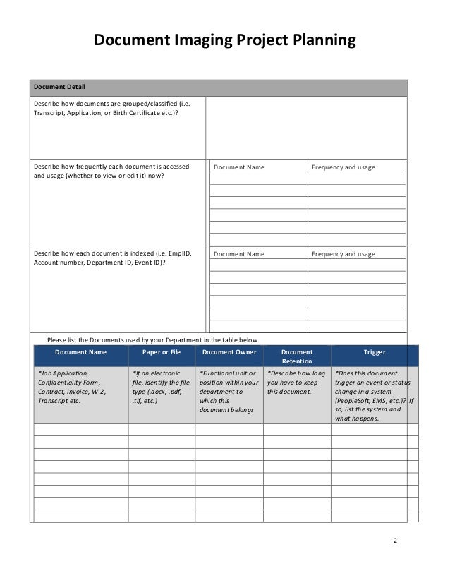 Document imaging project planning