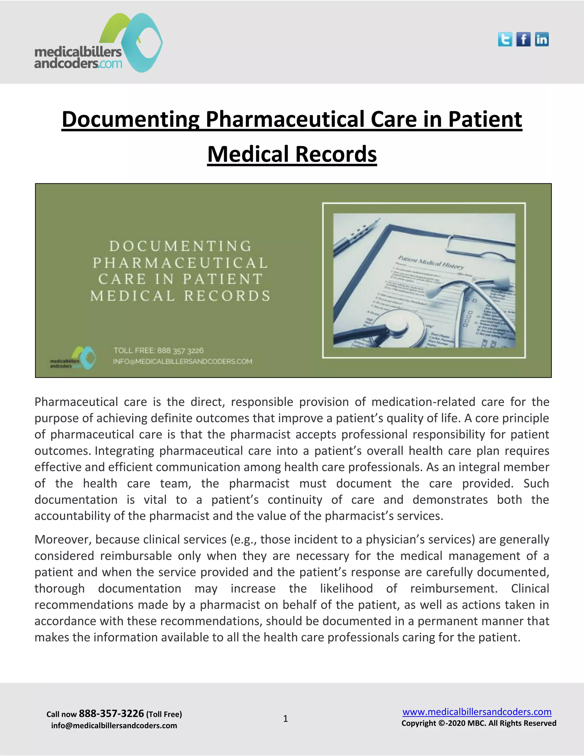 Documenting Pharmaceutical Care in Patient Medical Records | PDF