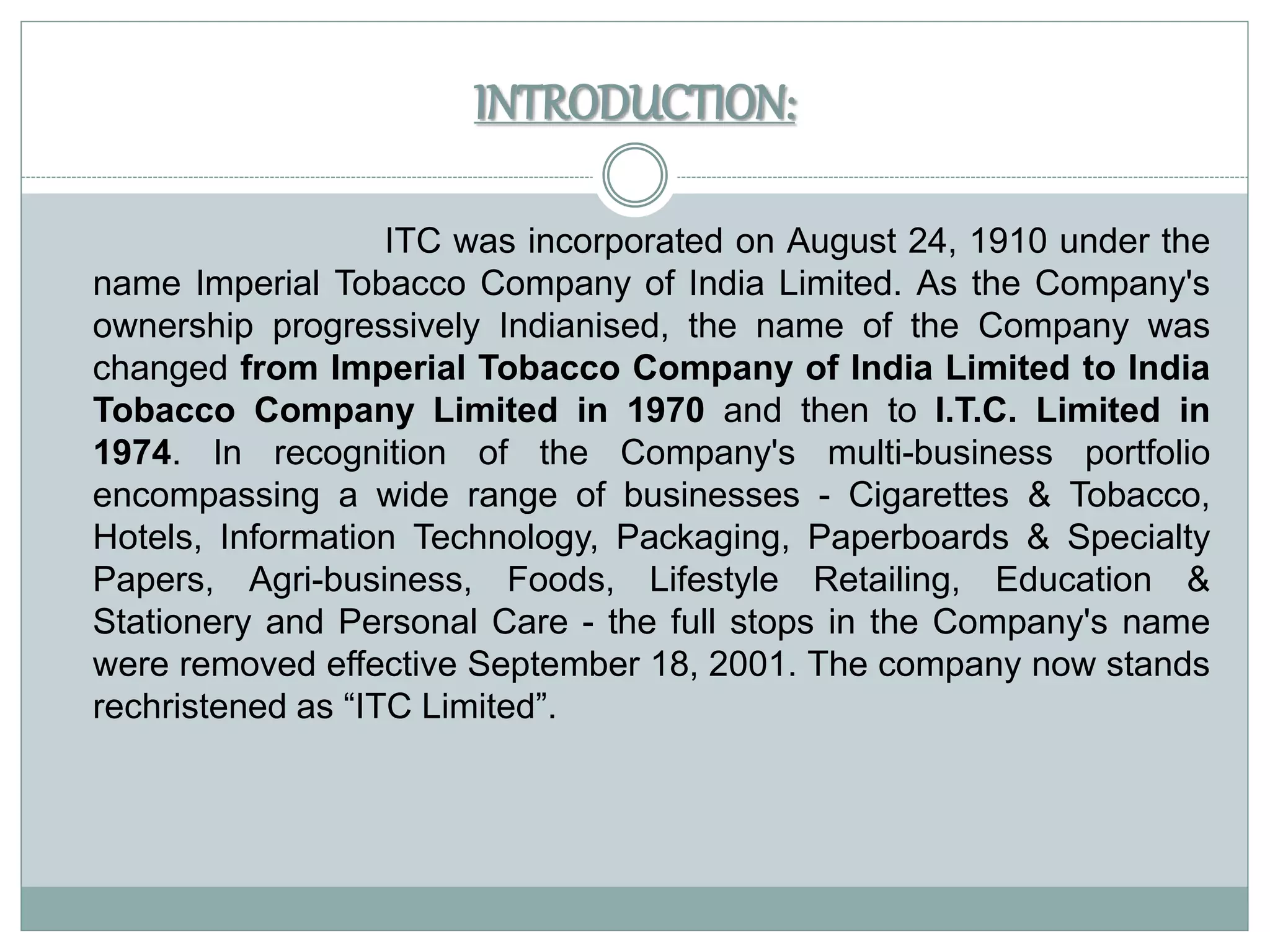 STRATEGIC PLAN OF INDIAN TOBACCO COMPANY (ITC) | PPTX