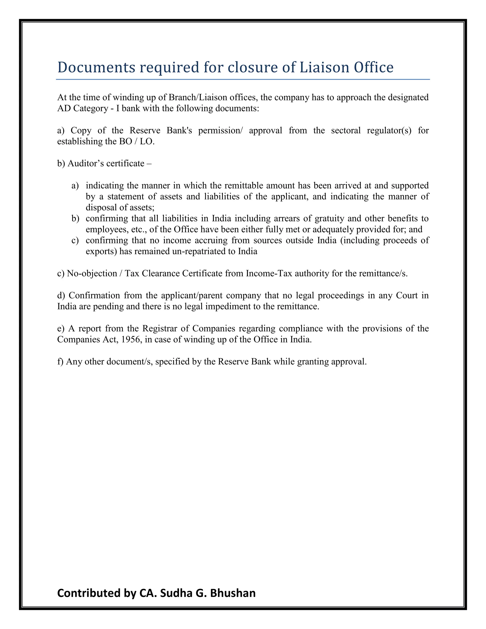 Documents list for closure of liaison office | PDF | Business ...