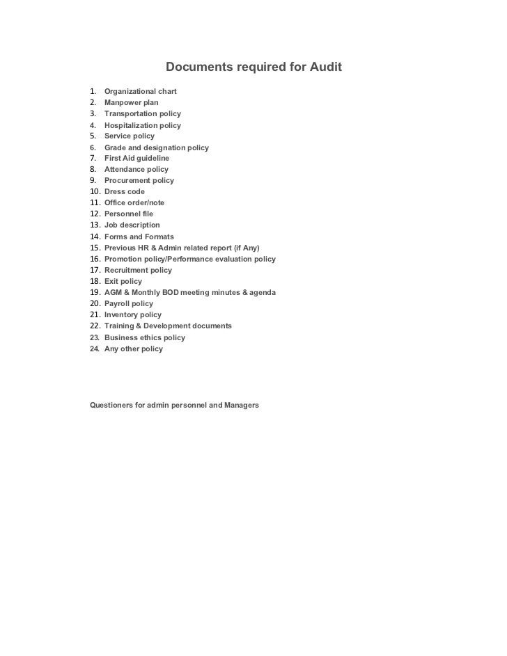 Documents required for audit