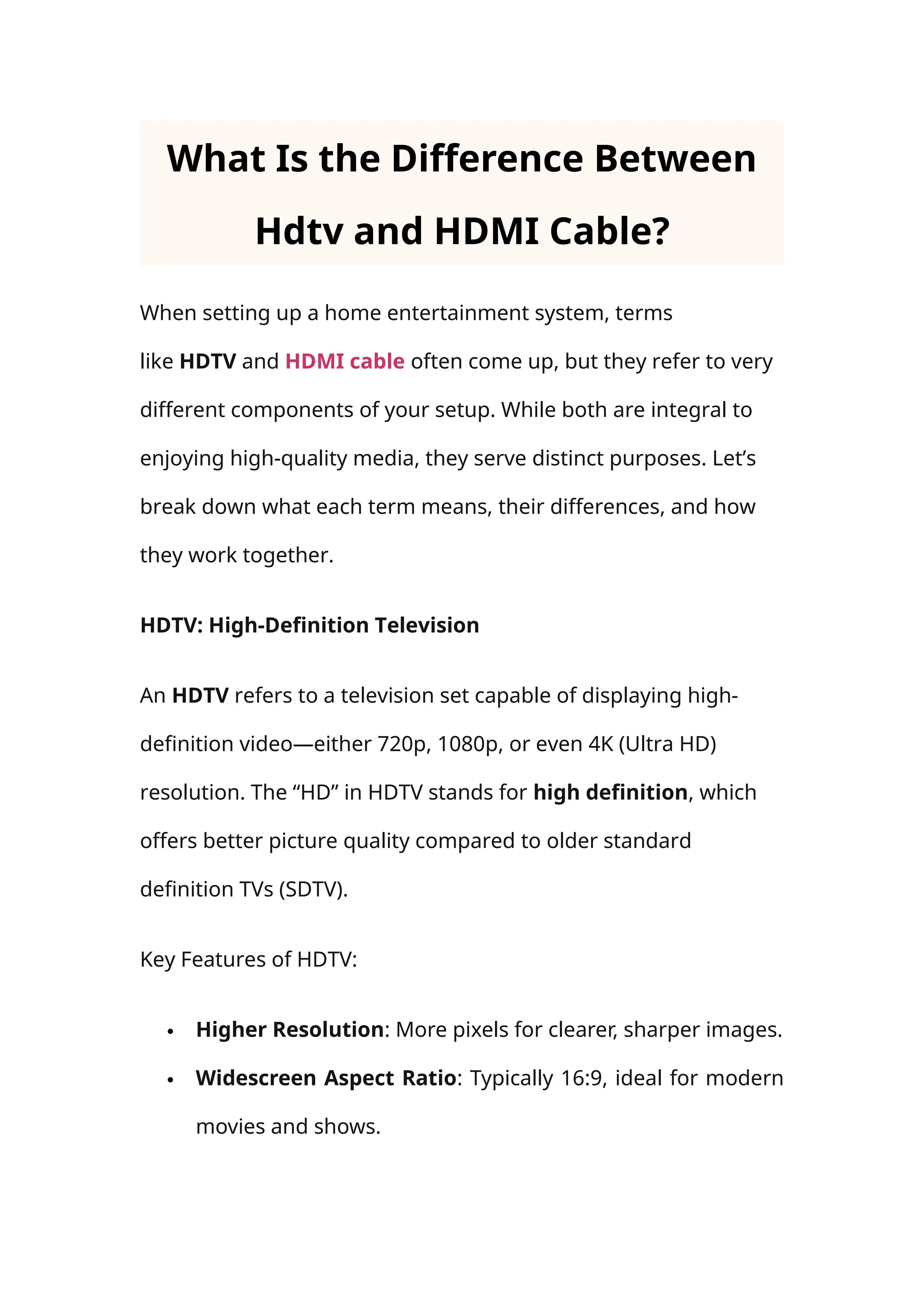 What Is the Difference Between Hdtv and HDMI Cable? | DOCX