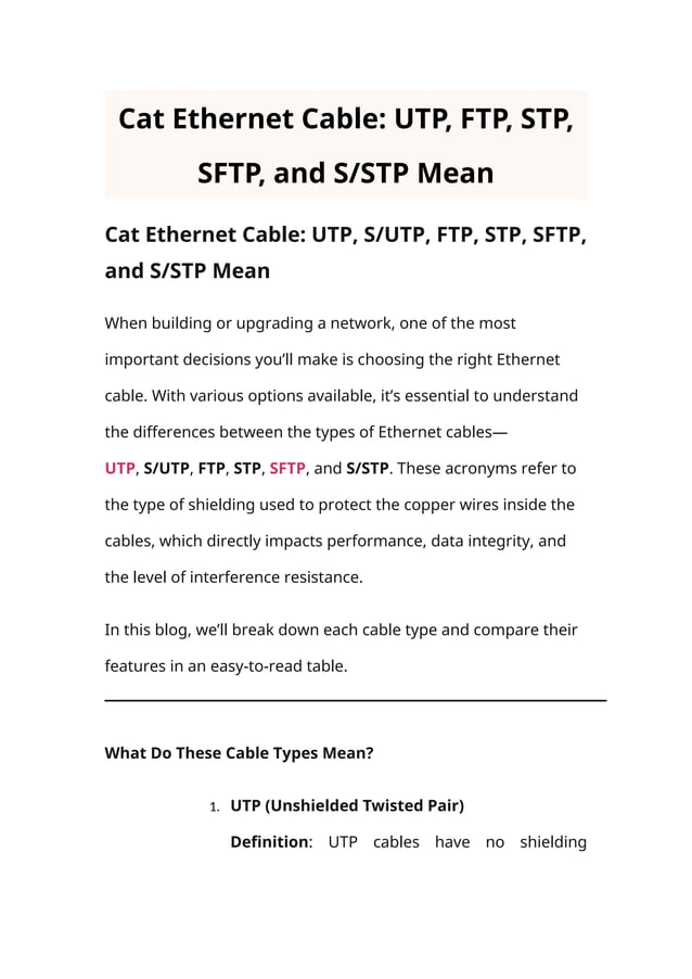 Cat Ethernet Cable: UTP, FTP, STP, SFTP, and S/STP Mean | PDF