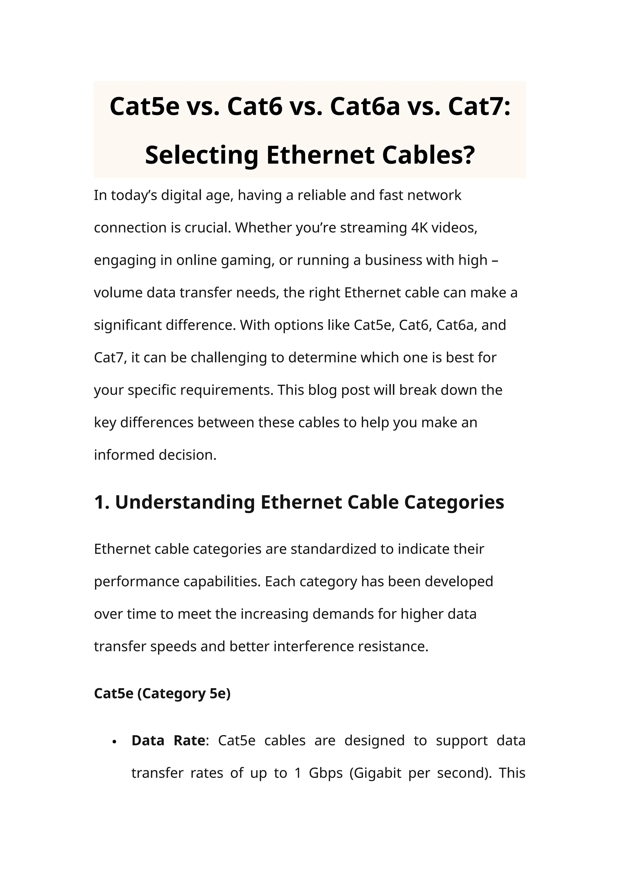 Cat5e vs. Cat6 vs. Cat6a vs. Cat7: Selecting Ethernet Cables? | DOCX