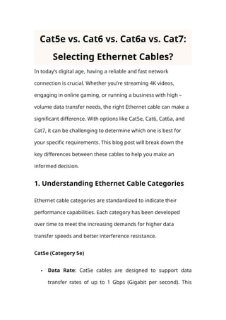 Cat5e vs. Cat6 vs. Cat6a vs. Cat7: Selecting Ethernet Cables? | PDF
