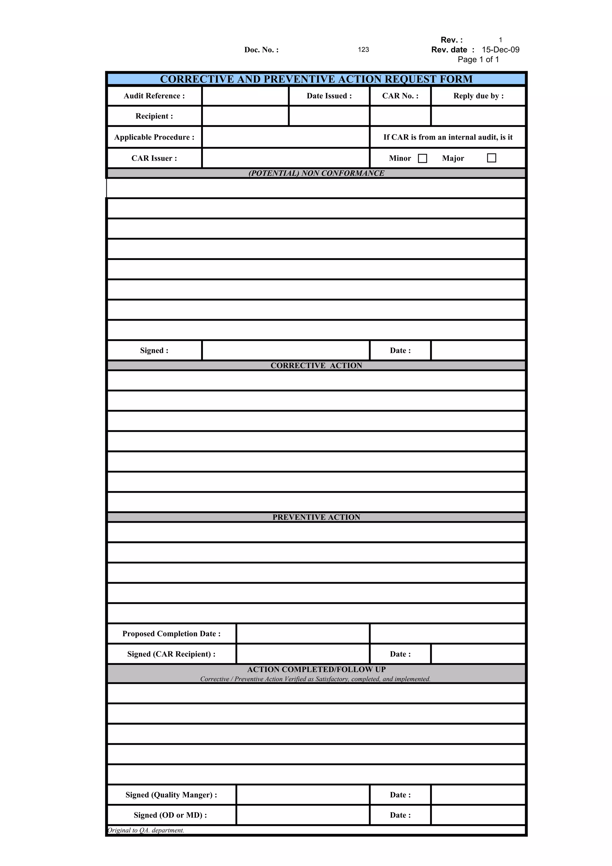 Doc x, capa request form, rev 1, 15 dec 09 | XLS
