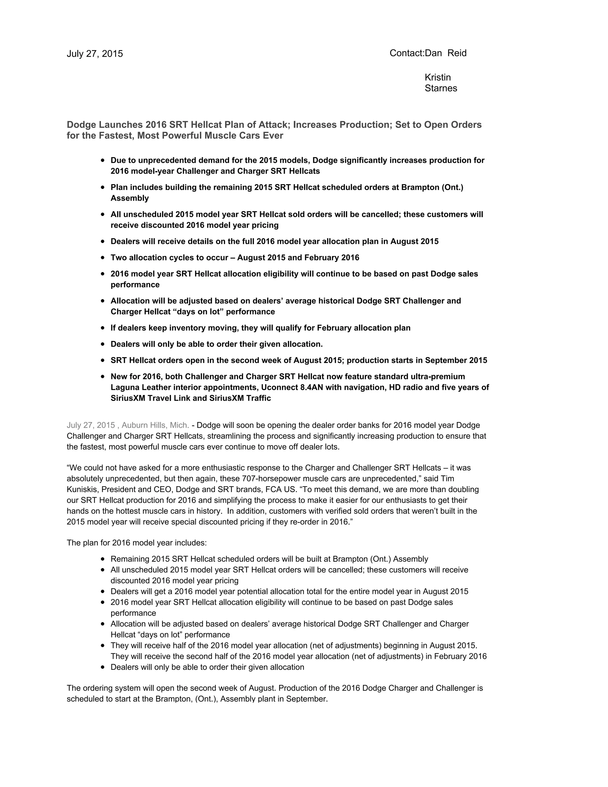 Dodge Launches 2016 SRT Hellcat Plan of Attack; Increases Production ...