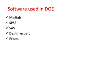 Factors affecting Design of Experiment (DOE) and softwares of DOE | PPTX