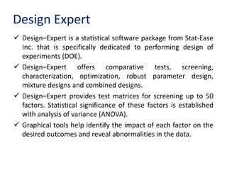 Factors affecting Design of Experiment (DOE) and softwares of DOE | PPTX