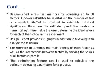 Factors affecting Design of Experiment (DOE) and softwares of DOE | PPTX